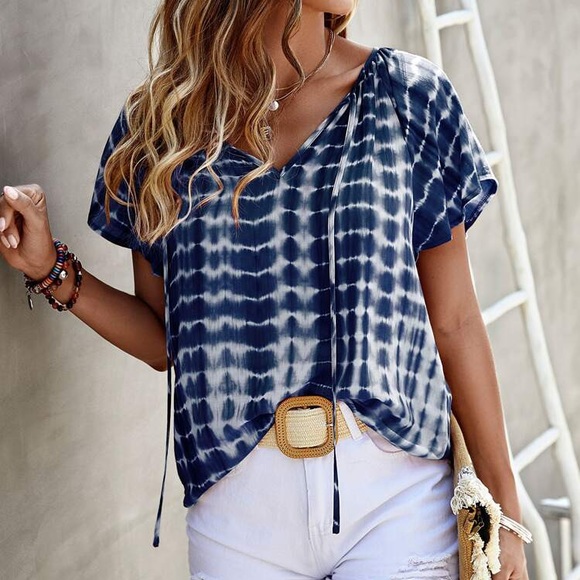 Tops | Boho Blue White Tie Dye Drawstring Top | Poshmark